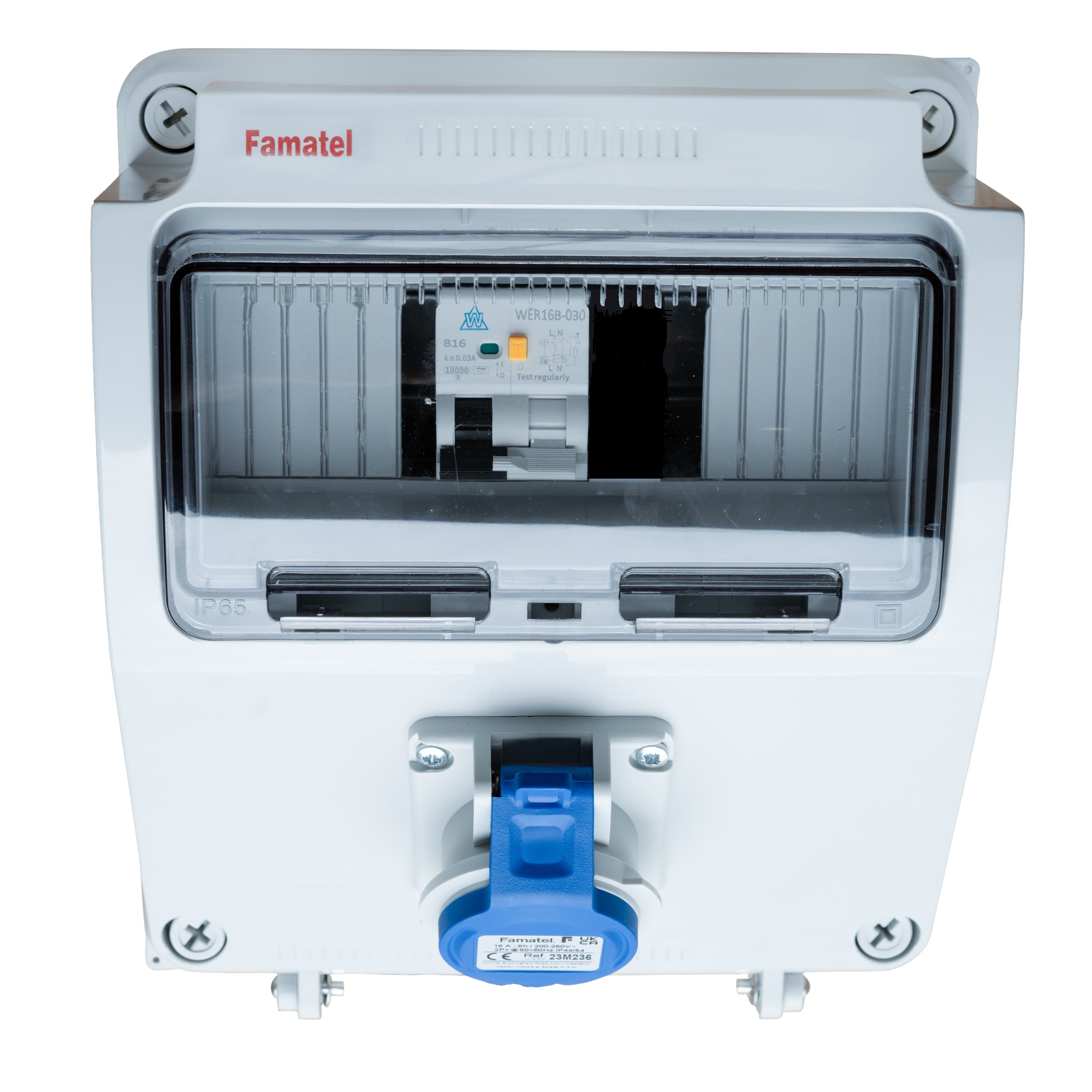 Famatel 1 Way Hook Up Unit 1 x 16A 2P+E Electronic Interlock Socket 1 x 16A RCBO Type A DP 30mA ...